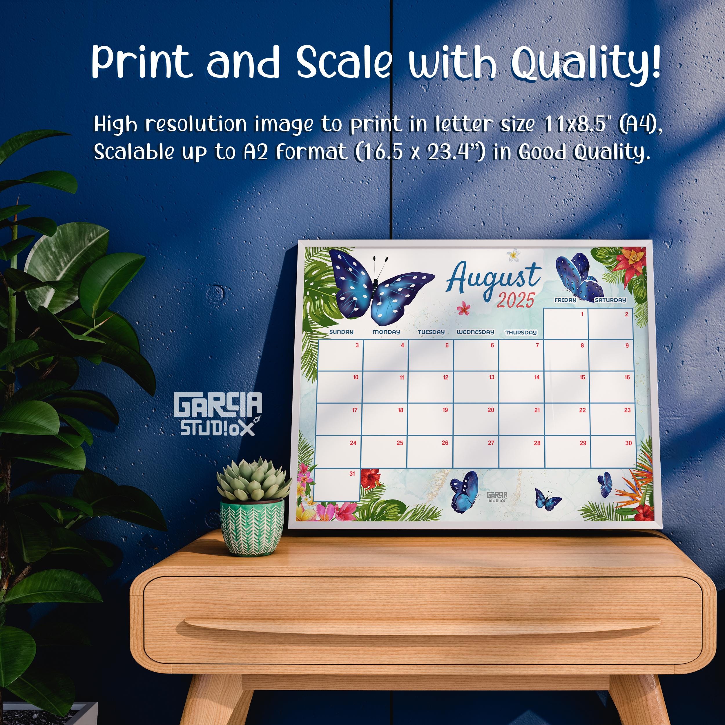 EDITABLE August 2025 Calendar, Cute Blue Butterflies Summer, Pretty ...