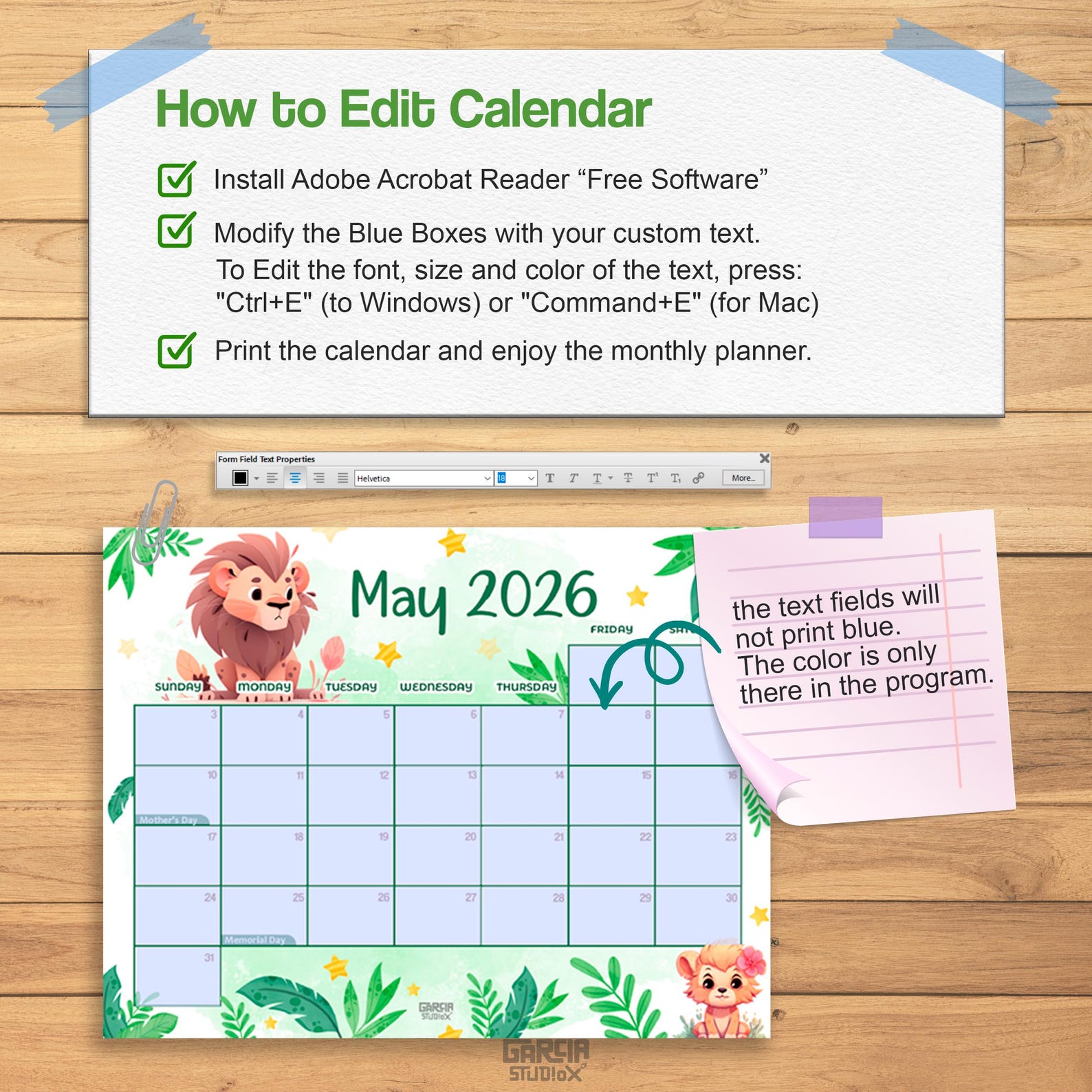 Printable May 2026 Calendar for Kids, Cute Lion Jungle Theme, Editable ...