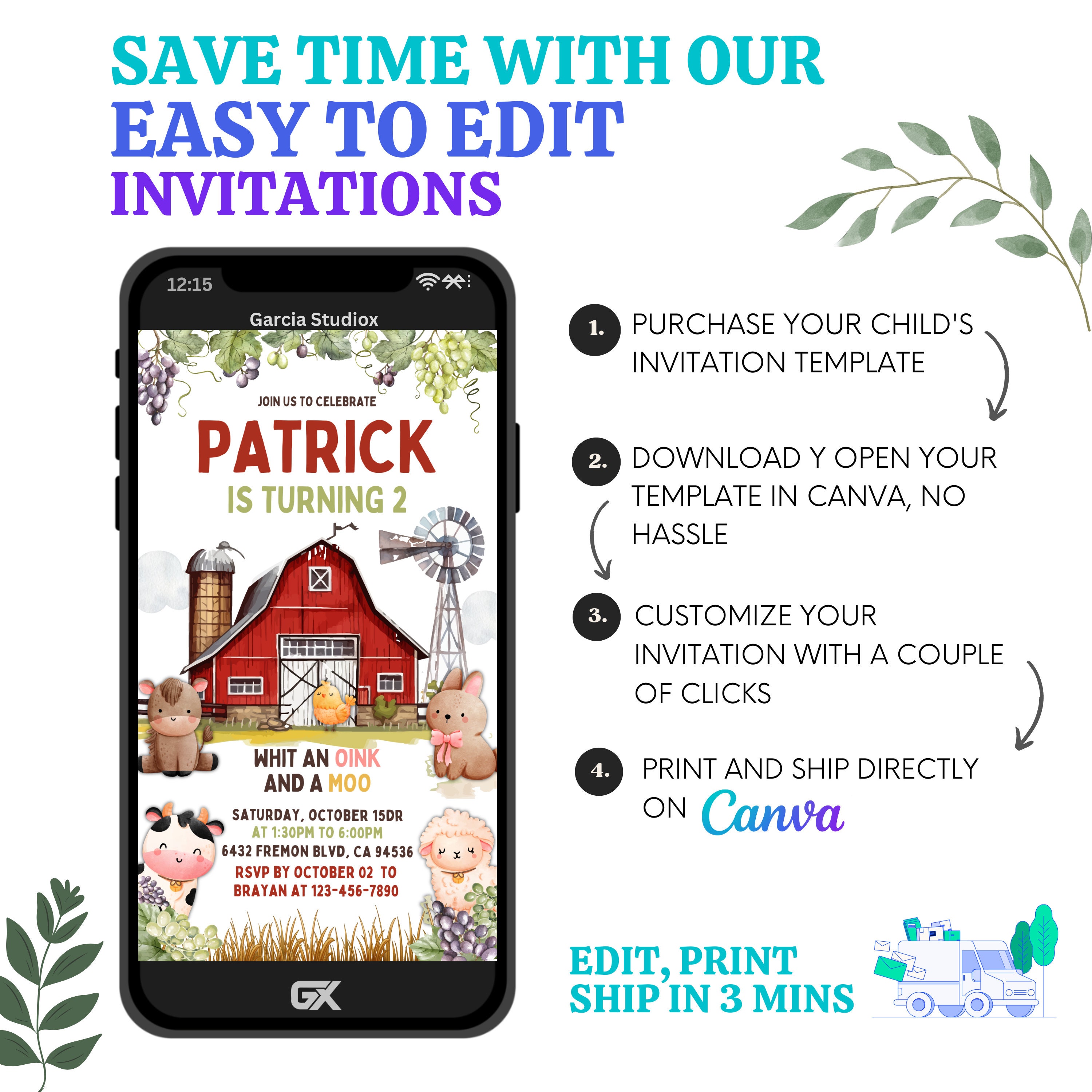 Farm Birthday Party Invitation Template, Editable Farm Birthday ...
