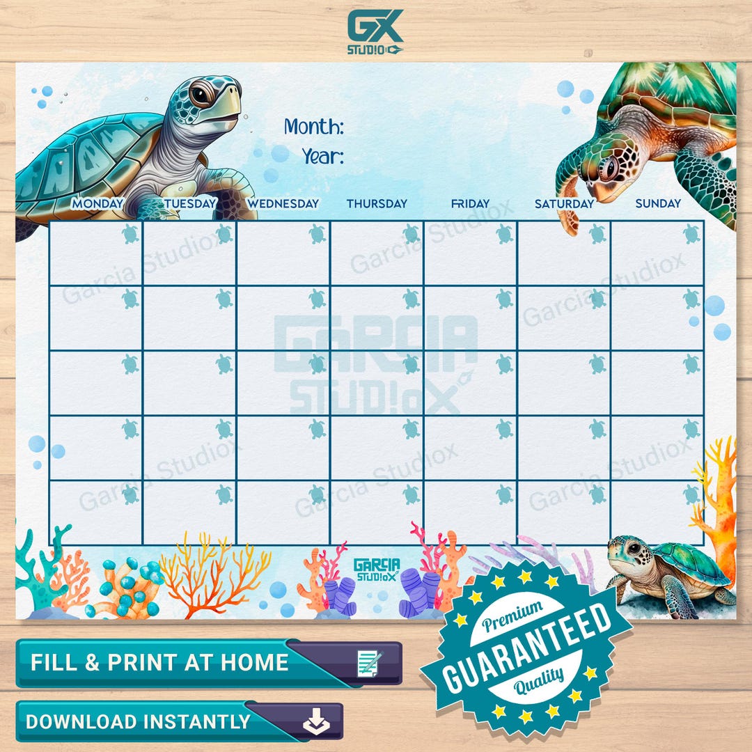 Monthly Calendar Undated | Sea Turtle Design, Editable and Printable ...