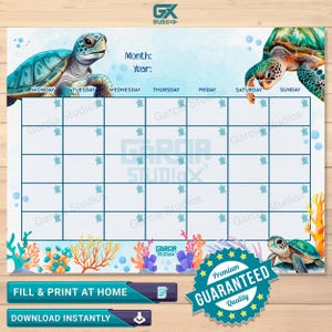 Monthly Calendar Undated | Sea Turtle Design, Editable and Printable ...
