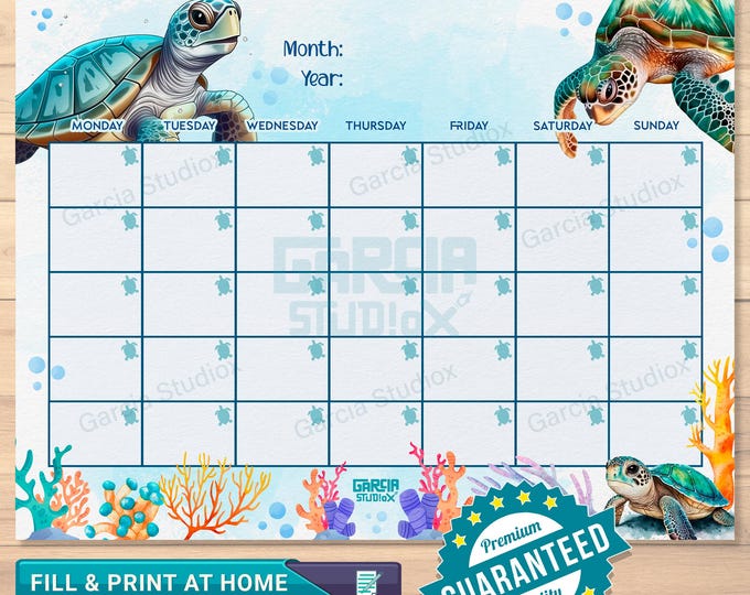 Monthly Calendar Undated | Sea Turtle Design, Editable and Printable ...