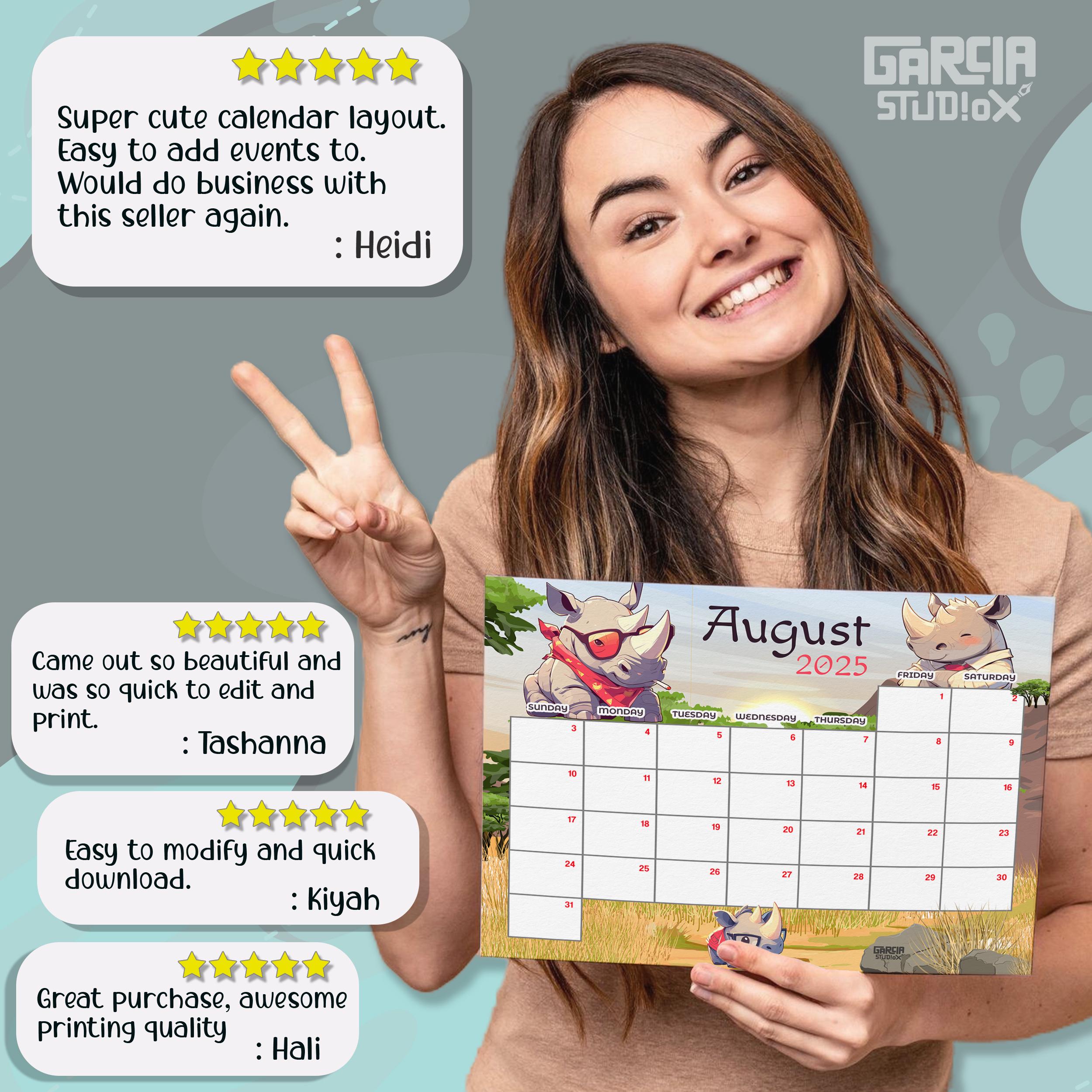 EDITABLE August 2025 Calendar, Safari Adventure With Rhino for Kids ...