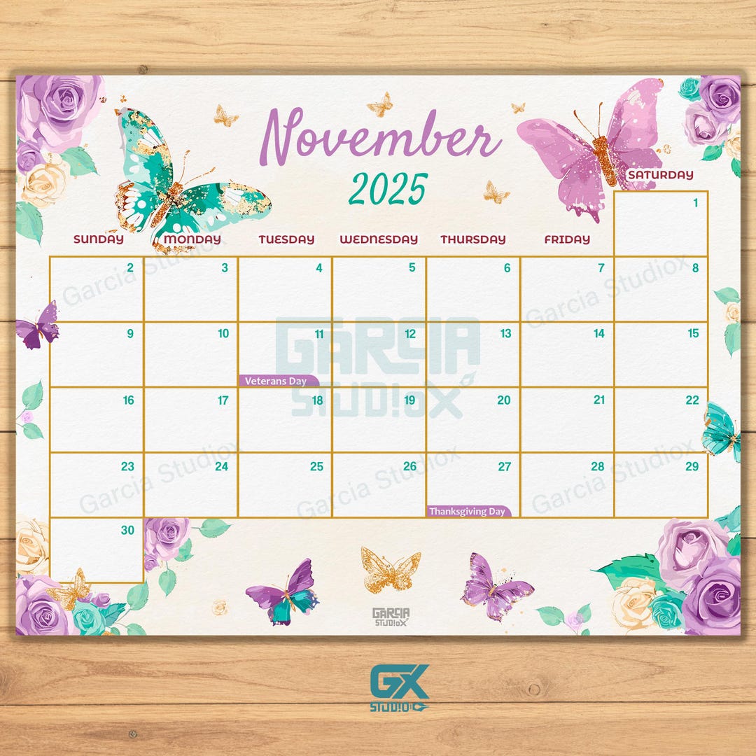 EDITABLE November 2025 Butterfly Calendar Template, Green & Purple ...