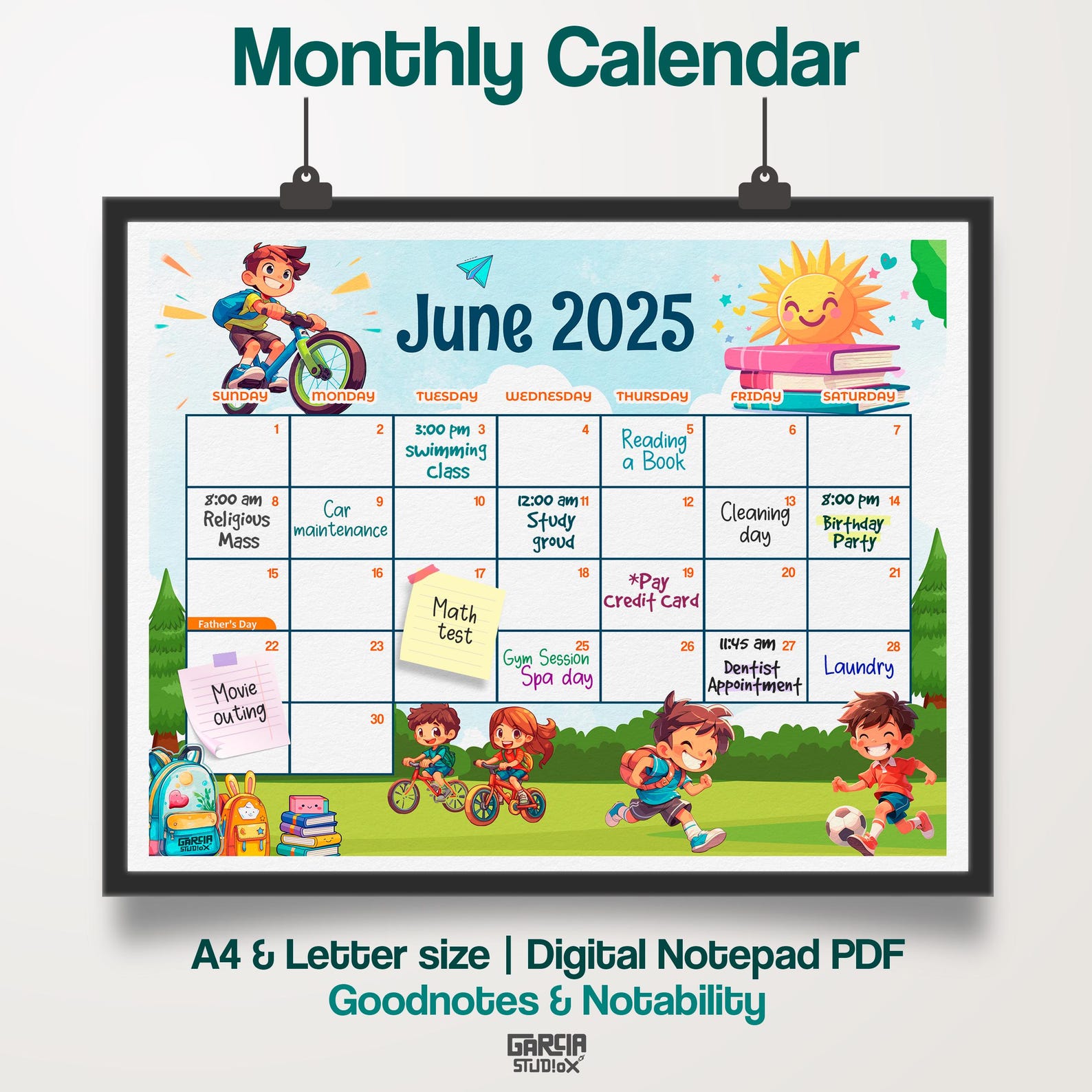 June 2025 Printable Children Calendar, Fun Bicycle Theme, Monthly ...