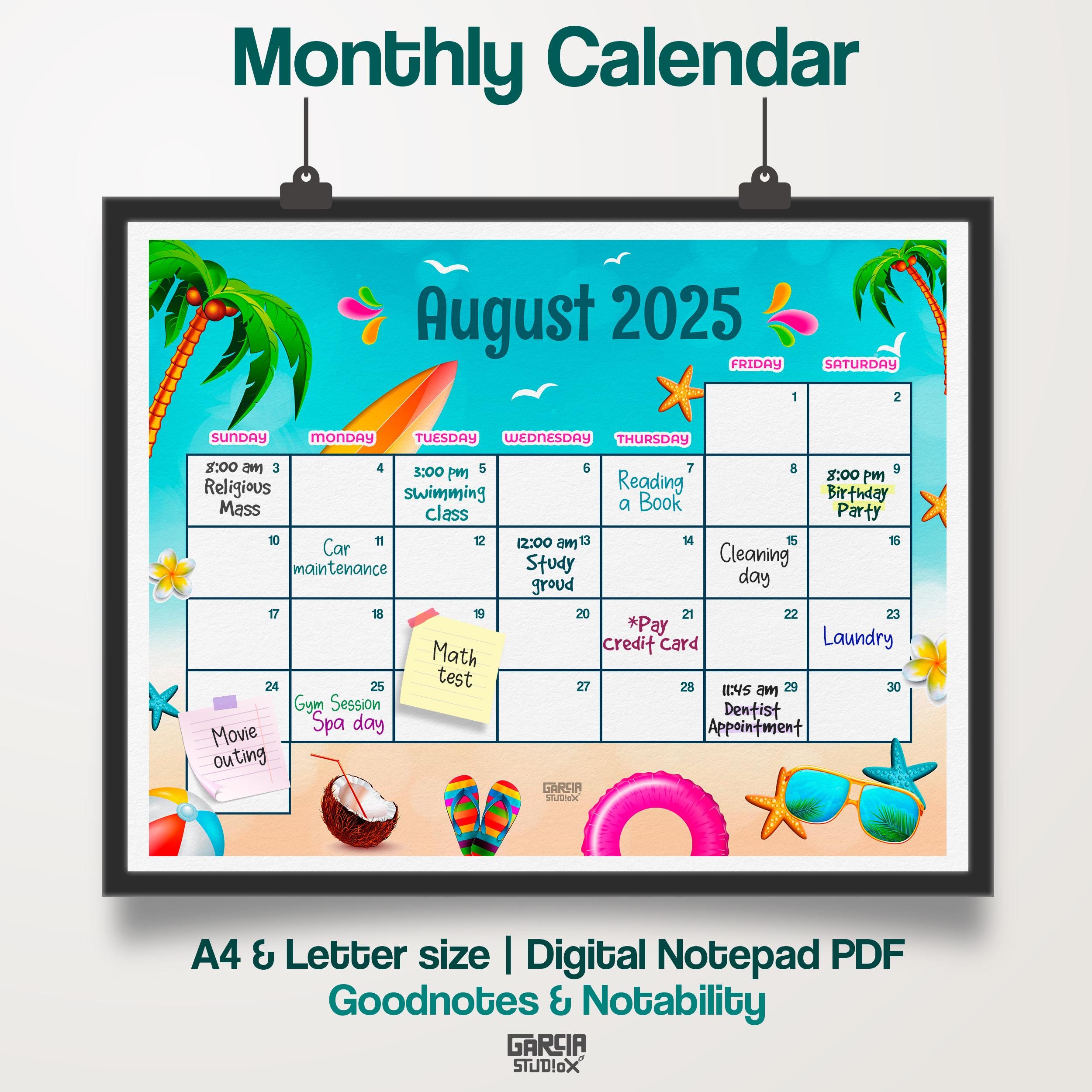 EDITABLE August 2025 Calendar, Fillable Summer Beach Planner, Monthly ...