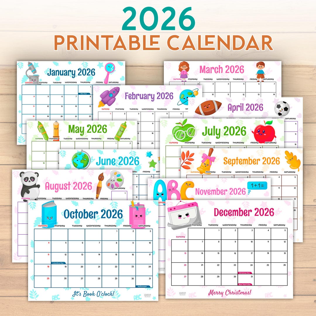 2026 Calendar Printable for Kids, Wall Calendar PDF, Homeschool ...