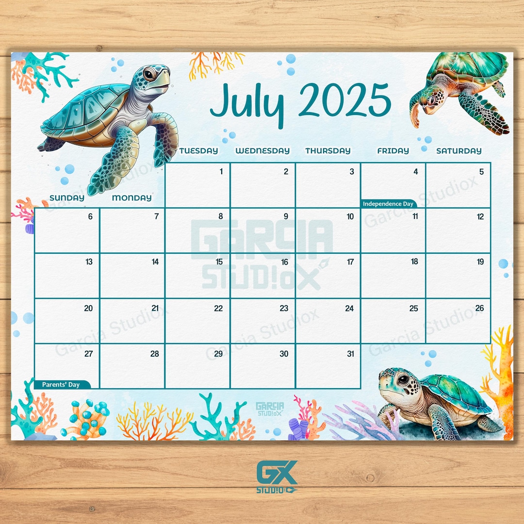 EDITABLE July 2025 Calendar With Sea Turtle Design, Fillable Summer ...