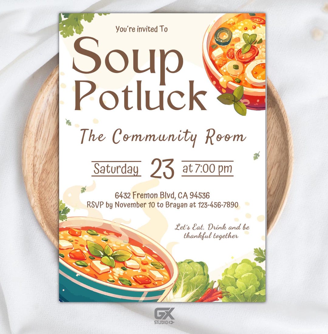 EDITABLE Soup Potluck Invitation, Church, Community, Event, Soup Party ...