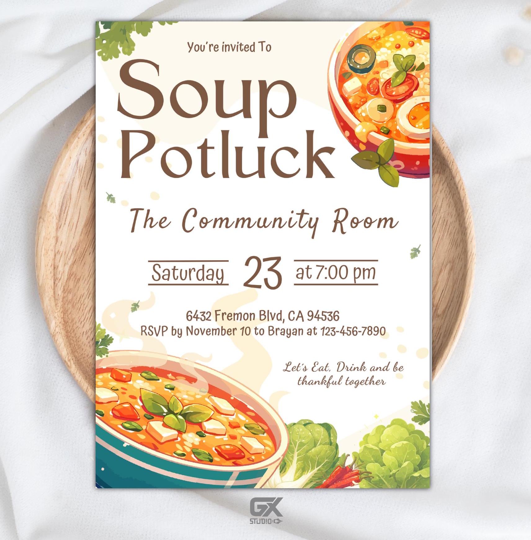 EDITABLE Soup Potluck Invitation, Church, Community, Event, Soup Party ...