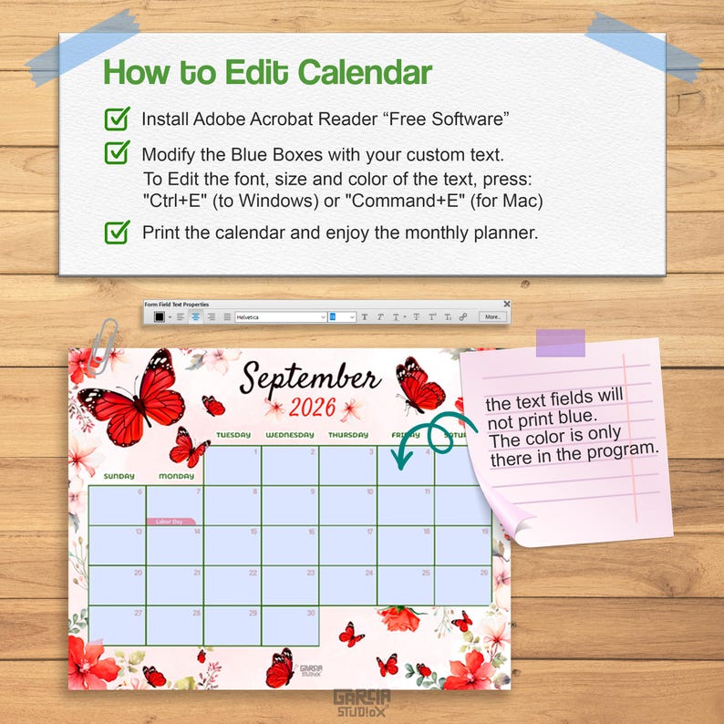 EDITABLE September 2026 Calendar Red Butterfly, Printable Digital ...