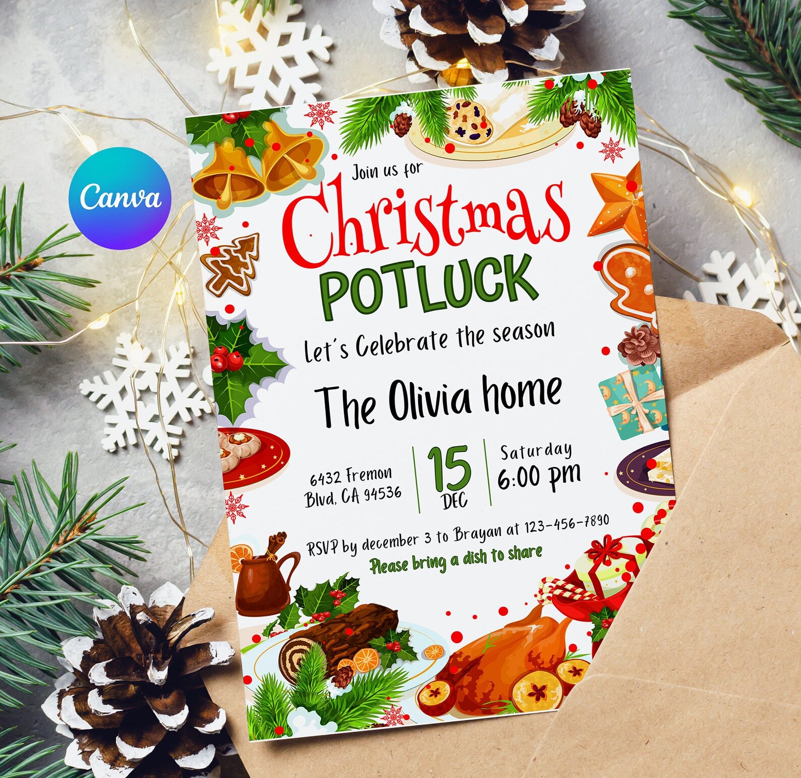 Holiday Potluck Dinner Party Invitation, Editable Invitation Christmas ...