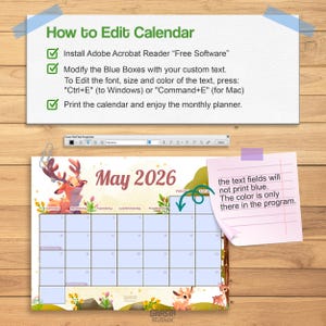 Printable May 2026 Calendar for Kids, Cute Deer Forest Theme, Editable ...