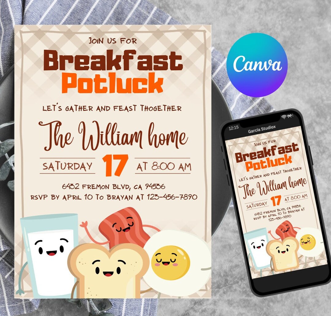 Breakfast Invite Potluck, Breakfast Invitation, Editable Invitation ...