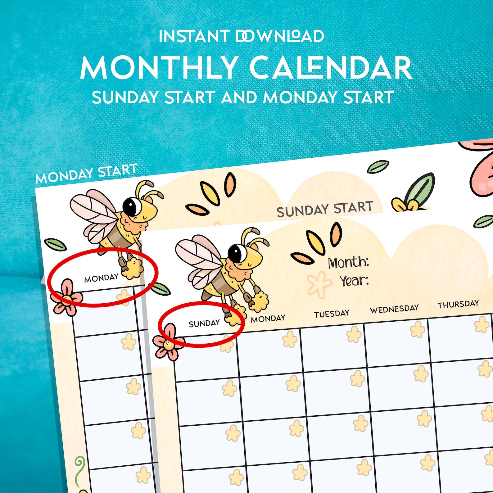 Monthly Calendar Undated | Bee Design, Editable and Printable File With ...