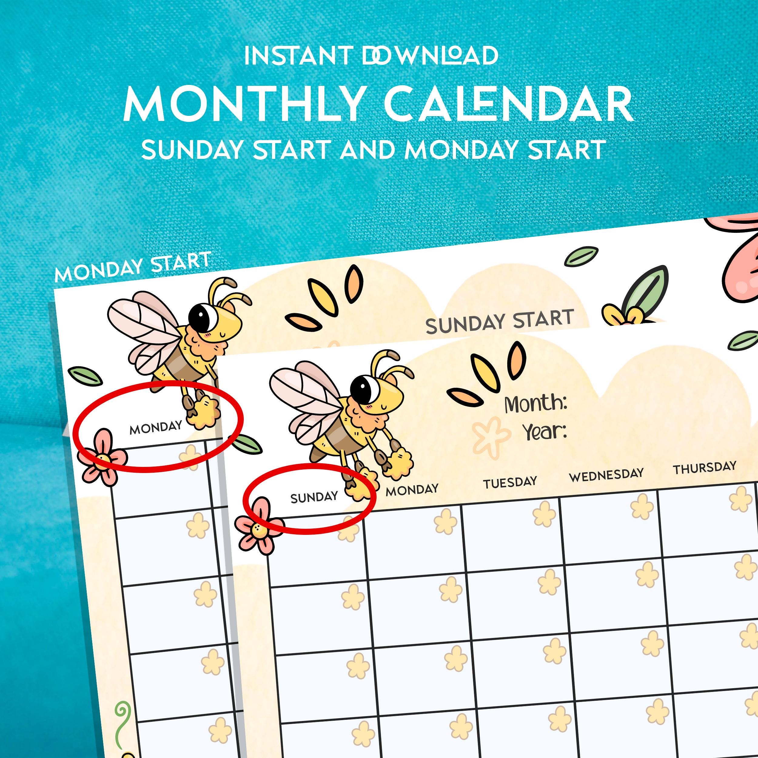 Monthly Calendar Undated | Bee Design, Editable and Printable File With ...
