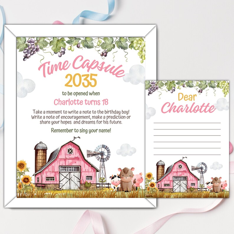 Editable Farm Birthday Time Capsule Sign, Girl Pink Barnyard Birthday ...