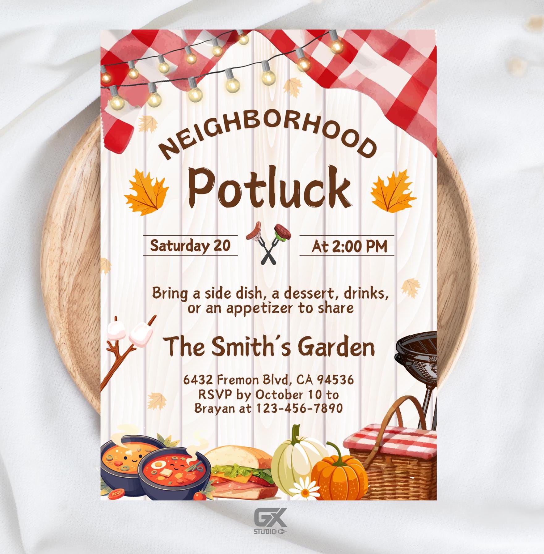 Editable Potluck Neighborhood Invitation With Pumpkin, Picnic Basket ...