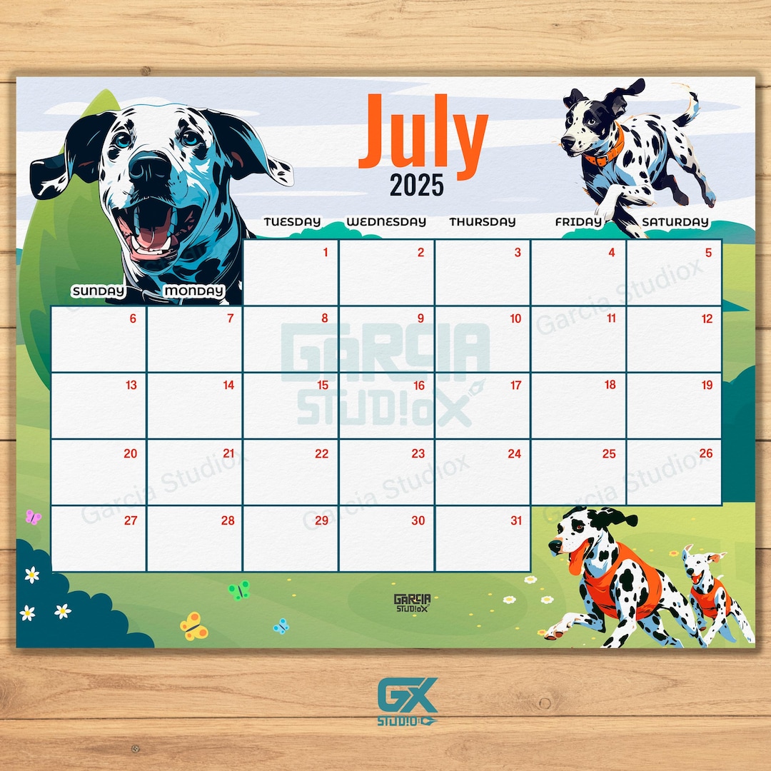 EDITABLE July 2025 Dalmatian Calendar, Printable July Calendar, School ...