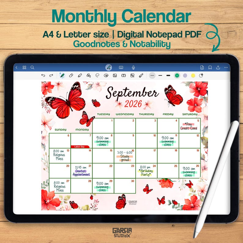 EDITABLE September 2026 Calendar Red Butterfly, Printable Digital ...