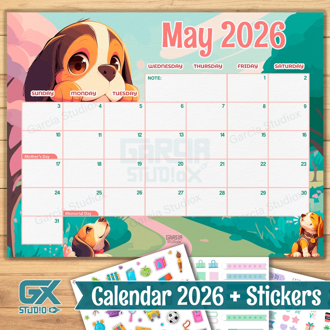 May 2026 Printable Calendar With Cute Beagle Dog Theme, Editable ...