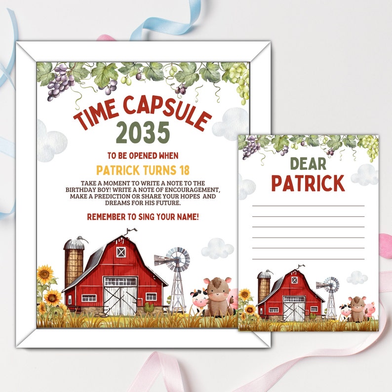 Editable Farm Animals Birthday Time Capsule, First Birthday Party ...