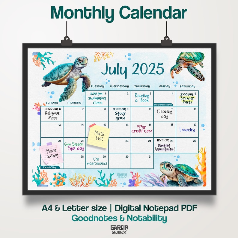 EDITABLE July 2025 Calendar With Sea Turtle Design, Fillable Summer ...