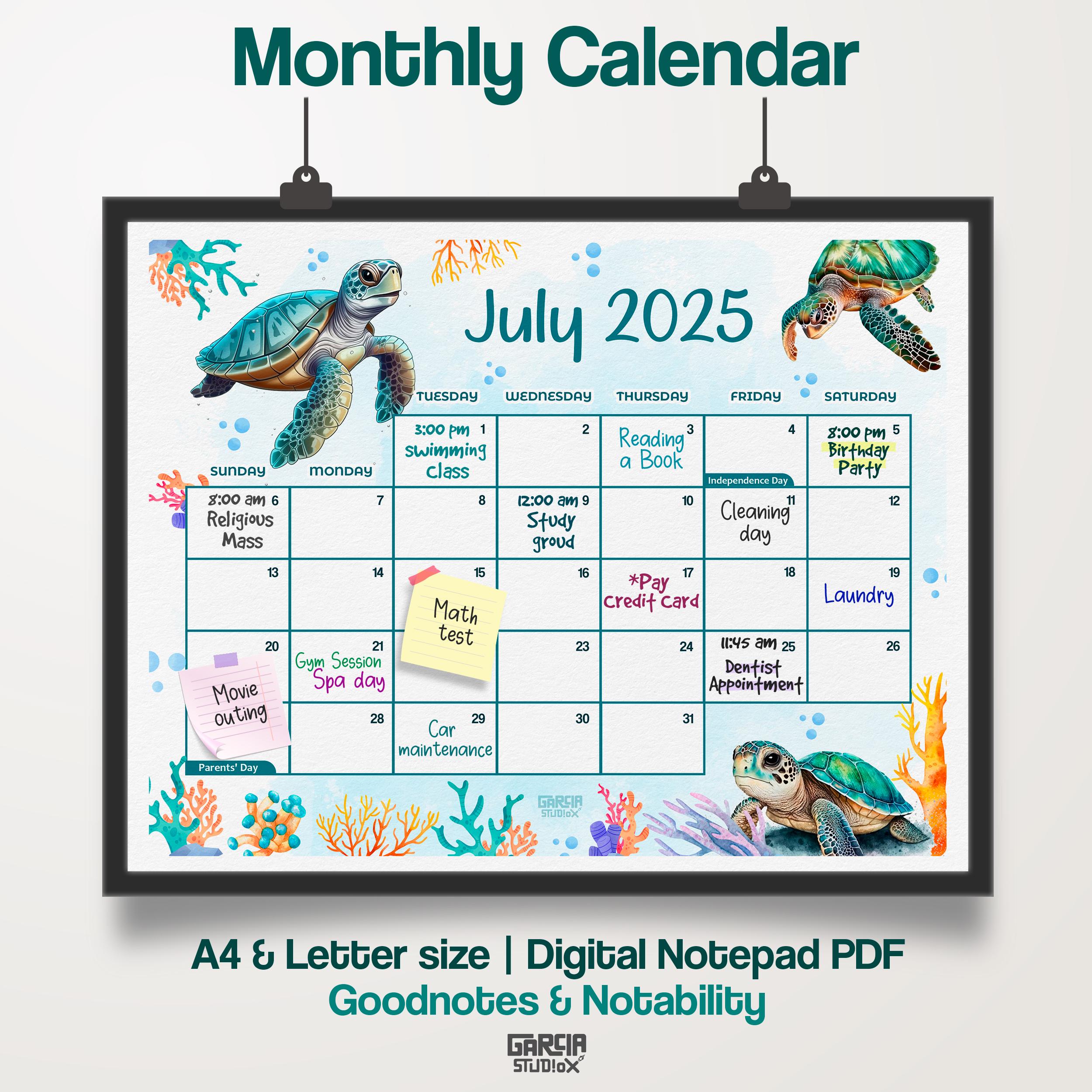 EDITABLE July 2025 Calendar With Sea Turtle Design, Fillable Summer ...