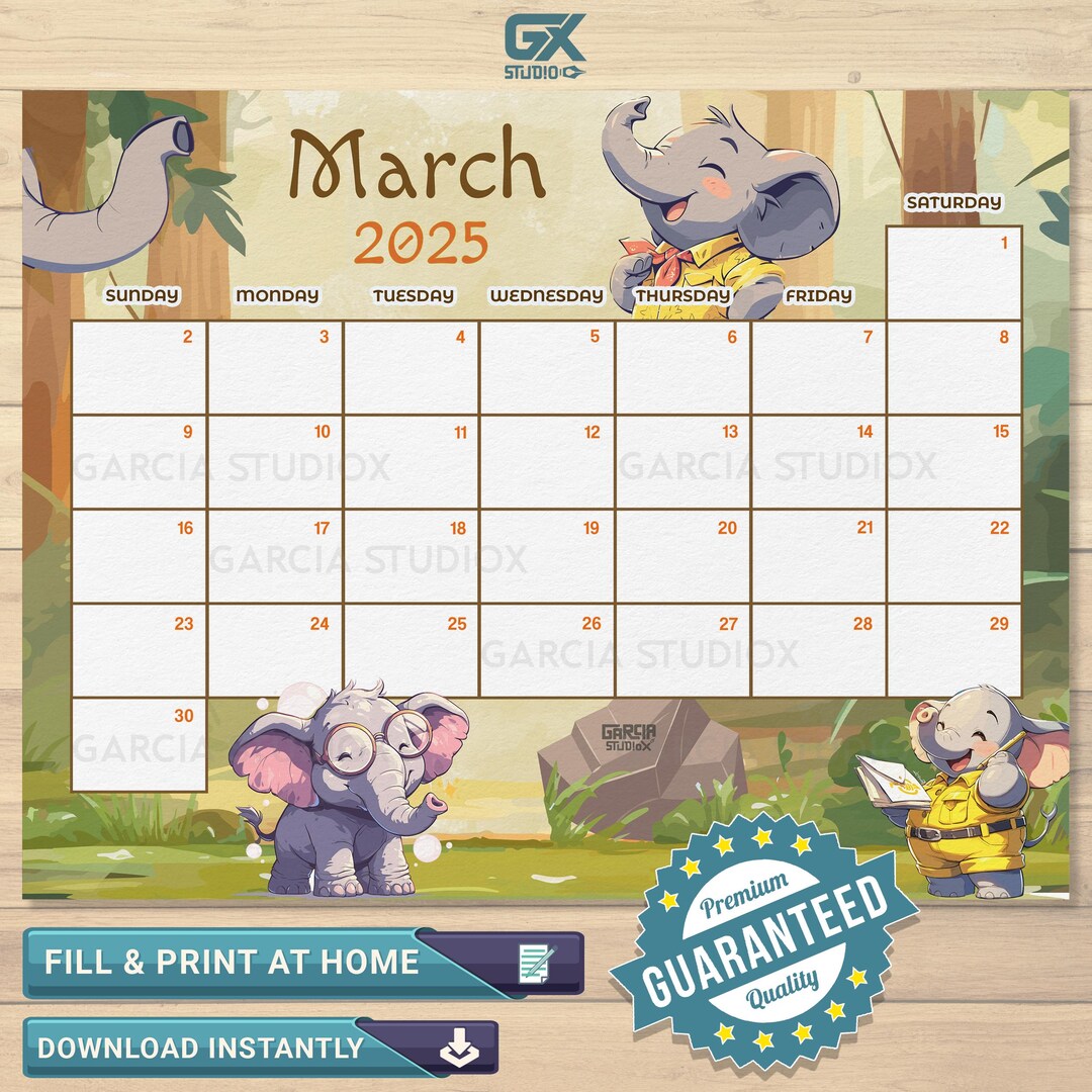 March 2025 Safari Elephant Calendar Editable Printable Wildlife Planner ...