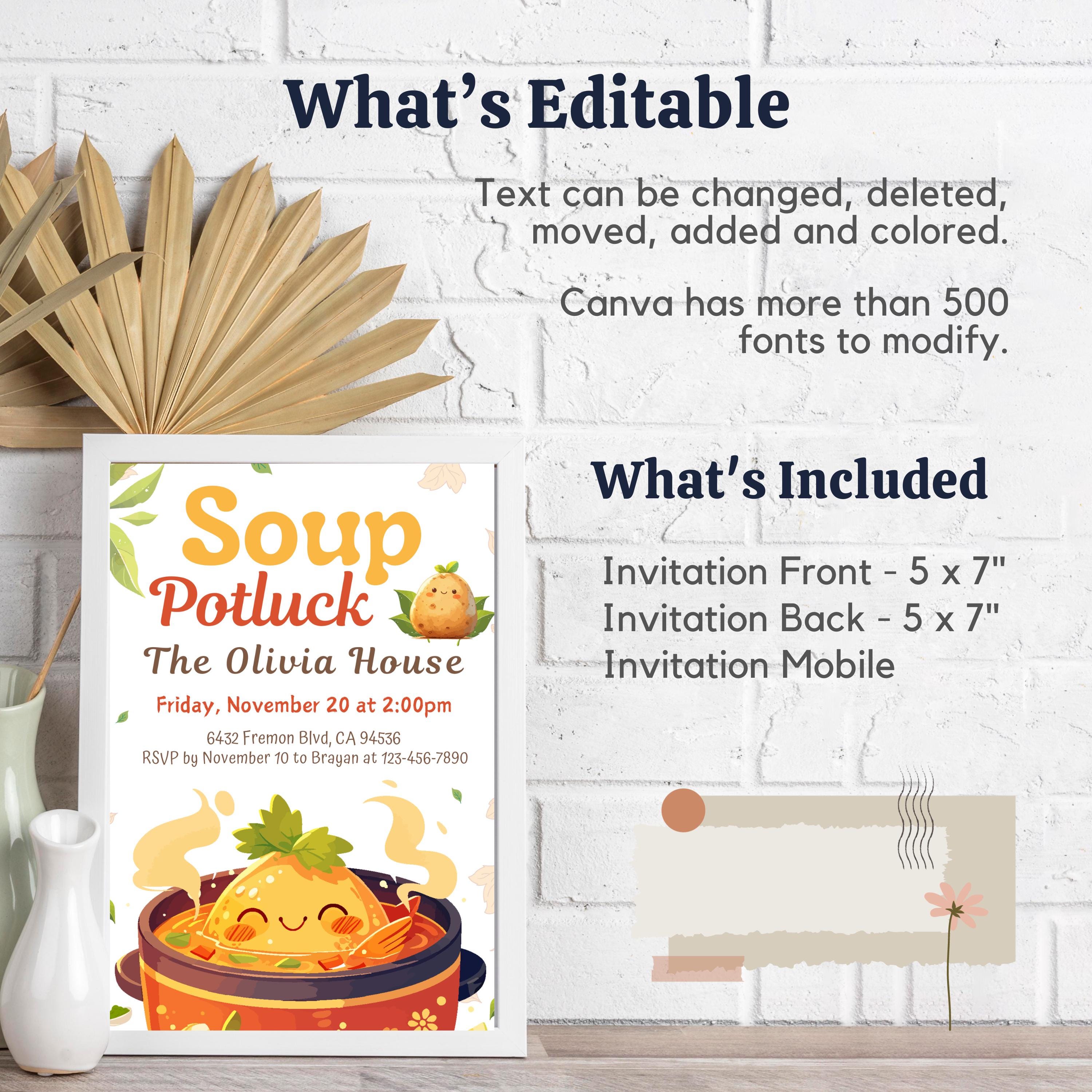 Editable Soup Potluck Invitation, Fun Potluck Template, Digital Invite ...