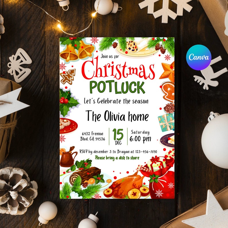 Holiday Potluck Dinner Party Invitation, Editable Invitation Christmas ...