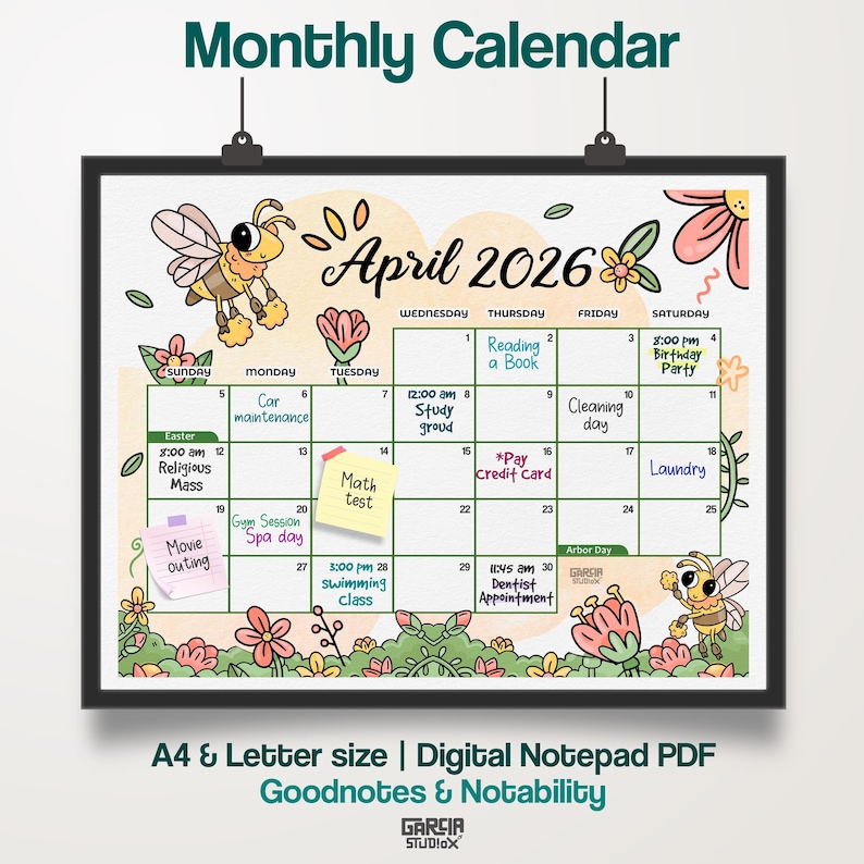April 2026 Calendar Printable for Kids With Cute Bees, Editable PDF ...