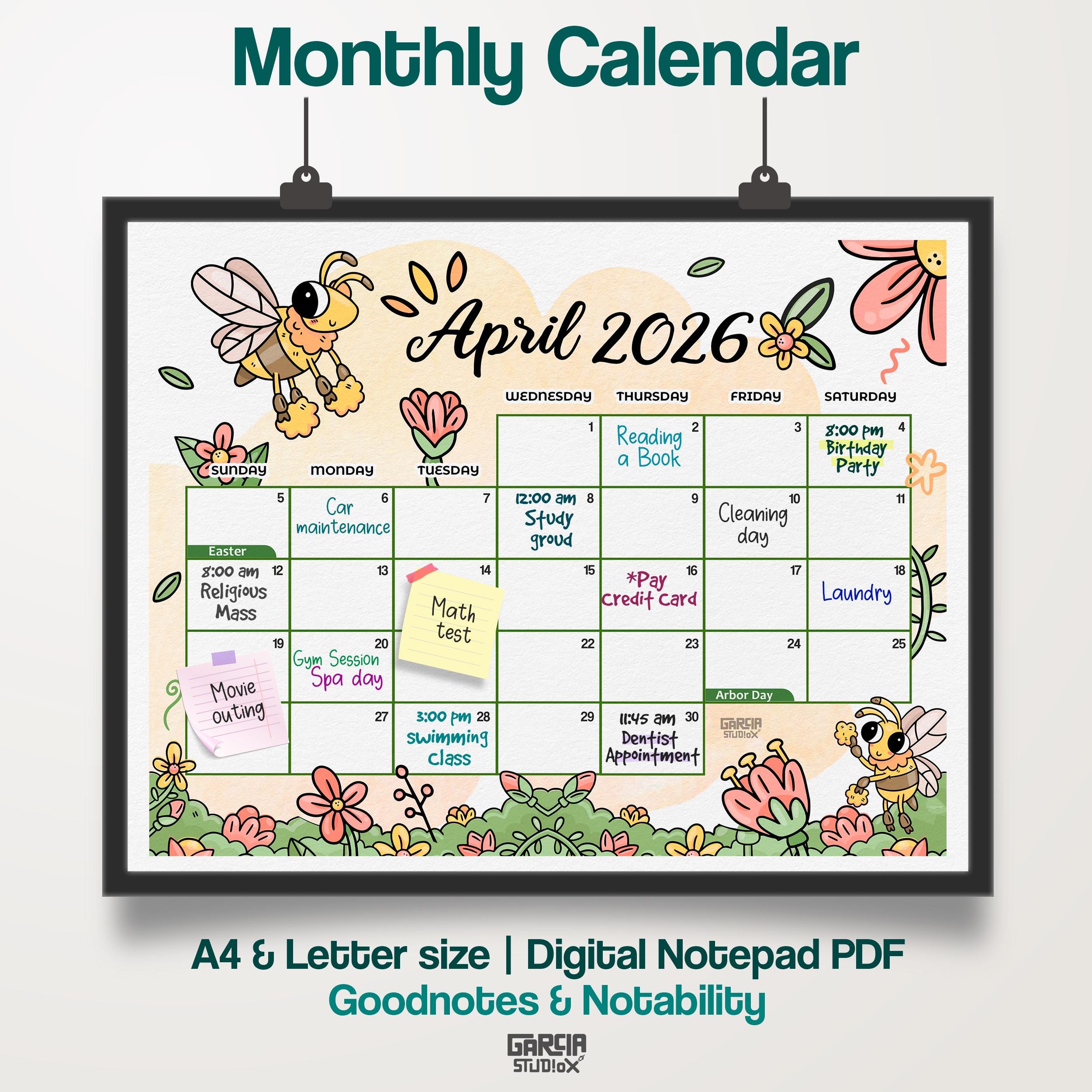April 2026 Calendar Printable for Kids With Cute Bees, Editable PDF ...