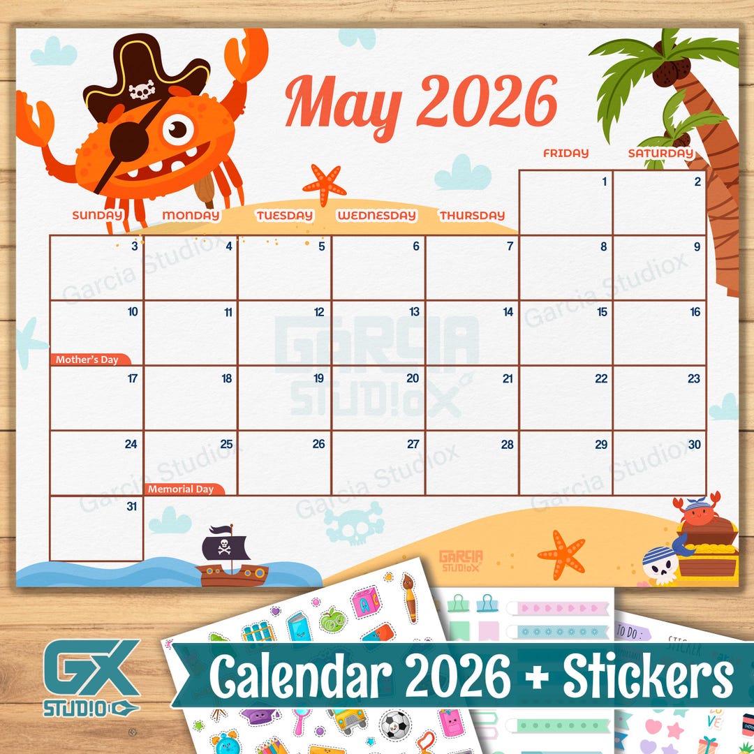May 2026 Printable Calendar for Kids, Pirate Crab Theme, Cute Monthly ...