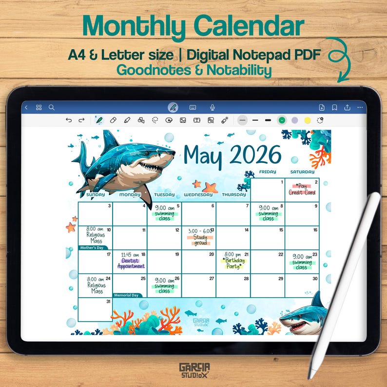 Printable May 2026 Shark Calendar for Kids, Cute Ocean Theme, Editable ...