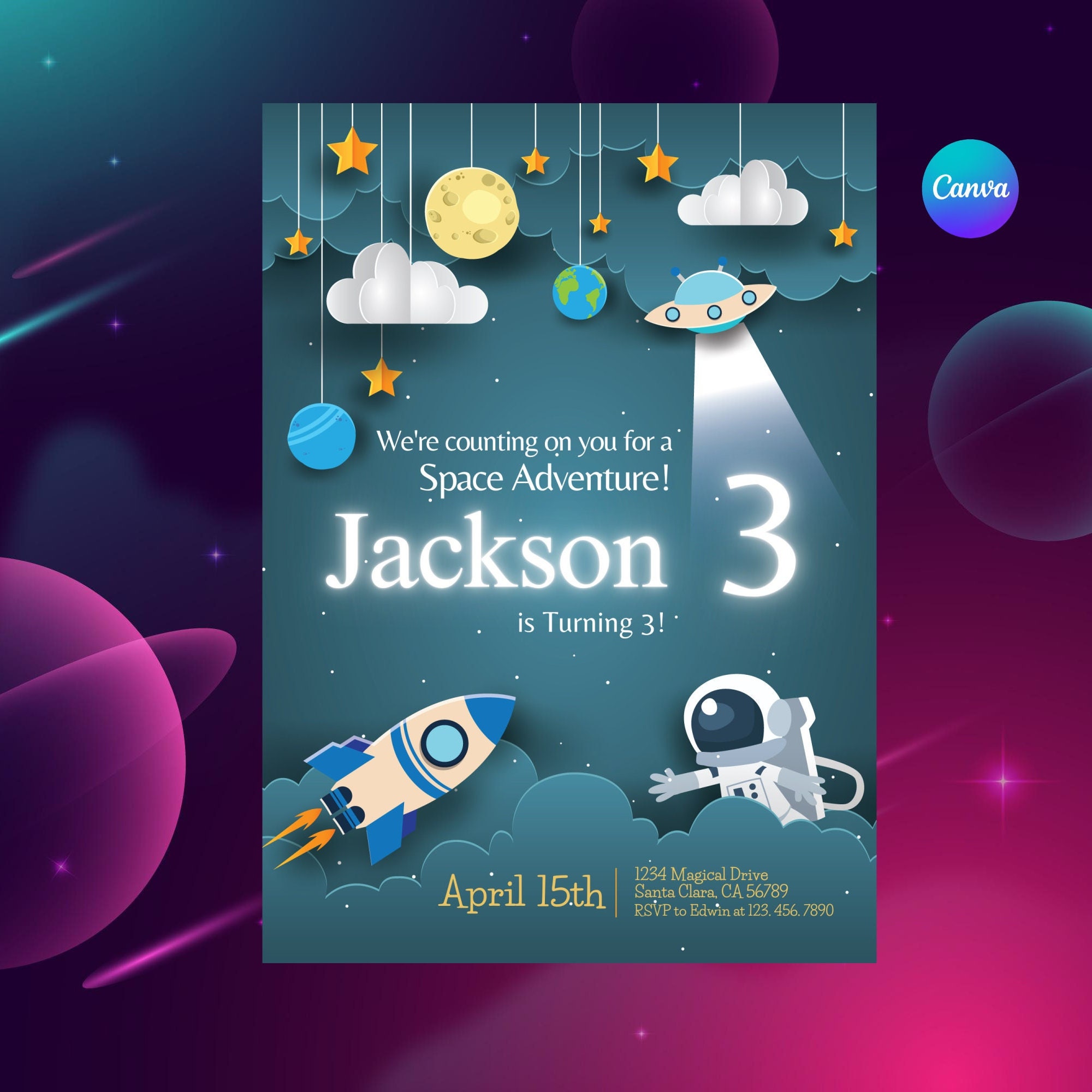 Space Birthday Invitation, Editable Outer Space Invitations, Template ...