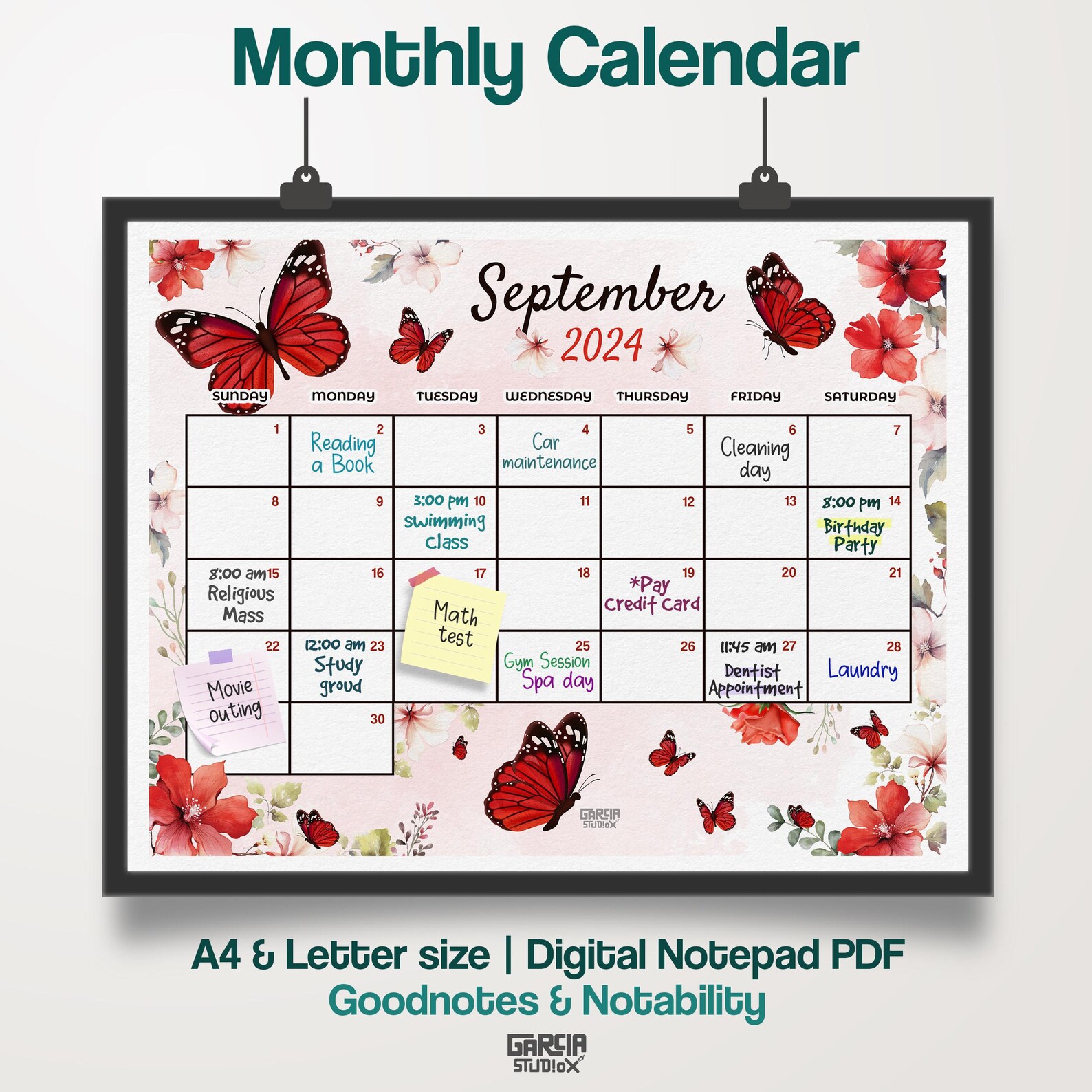 Red Butterfly EDITABLE Calendar for September 2024, Printable Digital ...