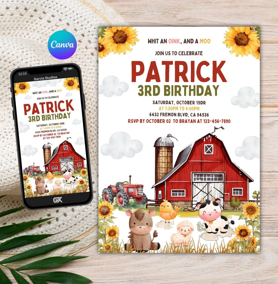 Farm Birthday Invitation, Editable Farm Birthday Party Invitation, Farm ...