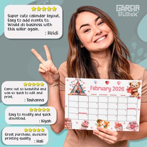 February 2026 Calendar Printable, Valentines Day Theme, Cute Editable ...