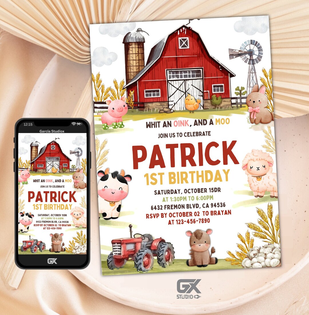 Farm Birthday Party Invitation, Barn Farm Animals Birthday Party ...