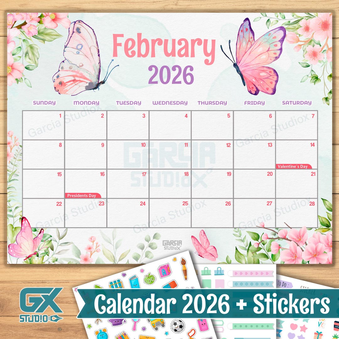 February 2026 Butterfly Calendar, Printable & Editable PDF, Pastel ...