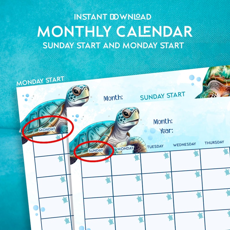 Monthly Calendar Undated | Sea Turtle Design, Editable and Printable ...