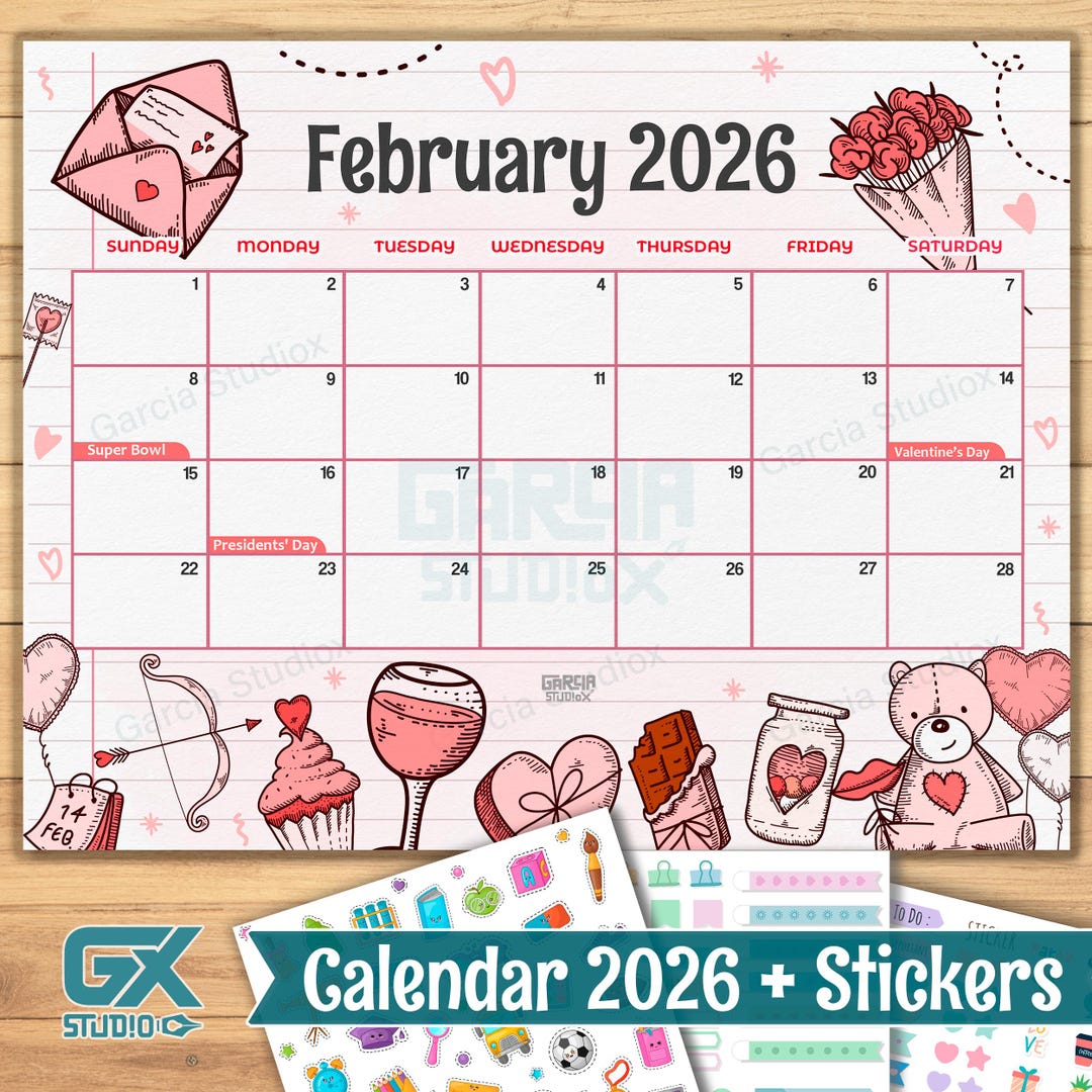 February 2026 Calendar Printable, Cute Valentines Day Theme PDF ...