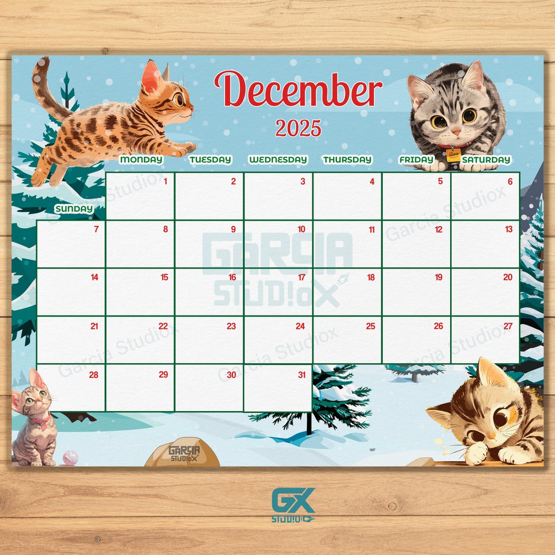 2025 December Cat Calendar - Editable Egyptian Mau Cat Wall Calendar ...