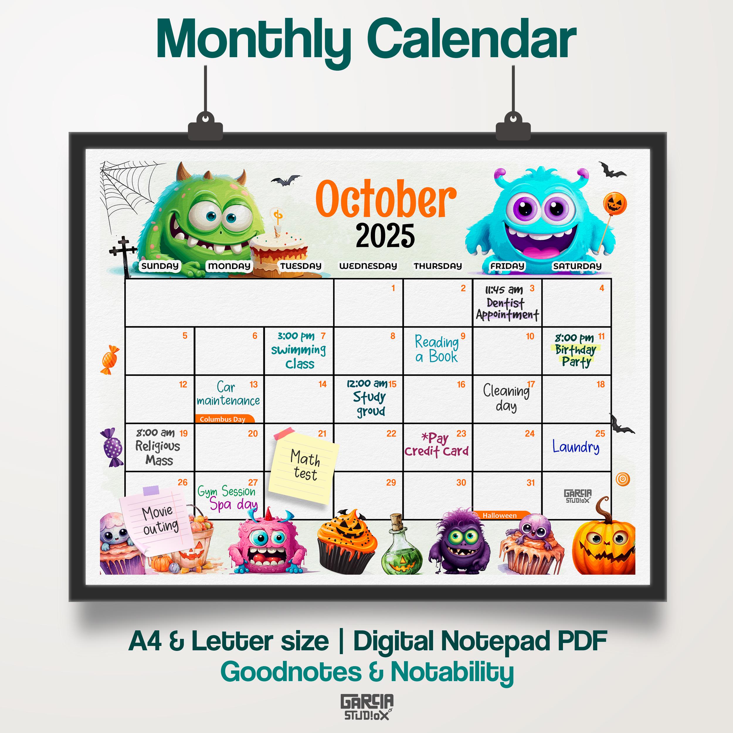 EDITABLE October 2025 Calendar, Cute Monsters, Halloween Candy, Back to ...