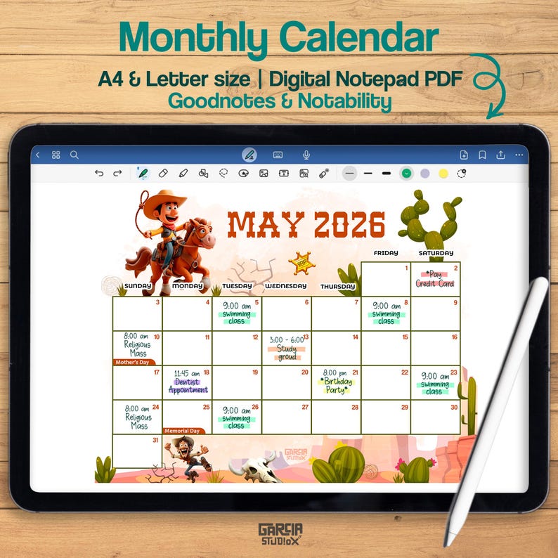 Printable May 2026 Calendar for Kids With Cowboy Theme, Monthly Planner ...