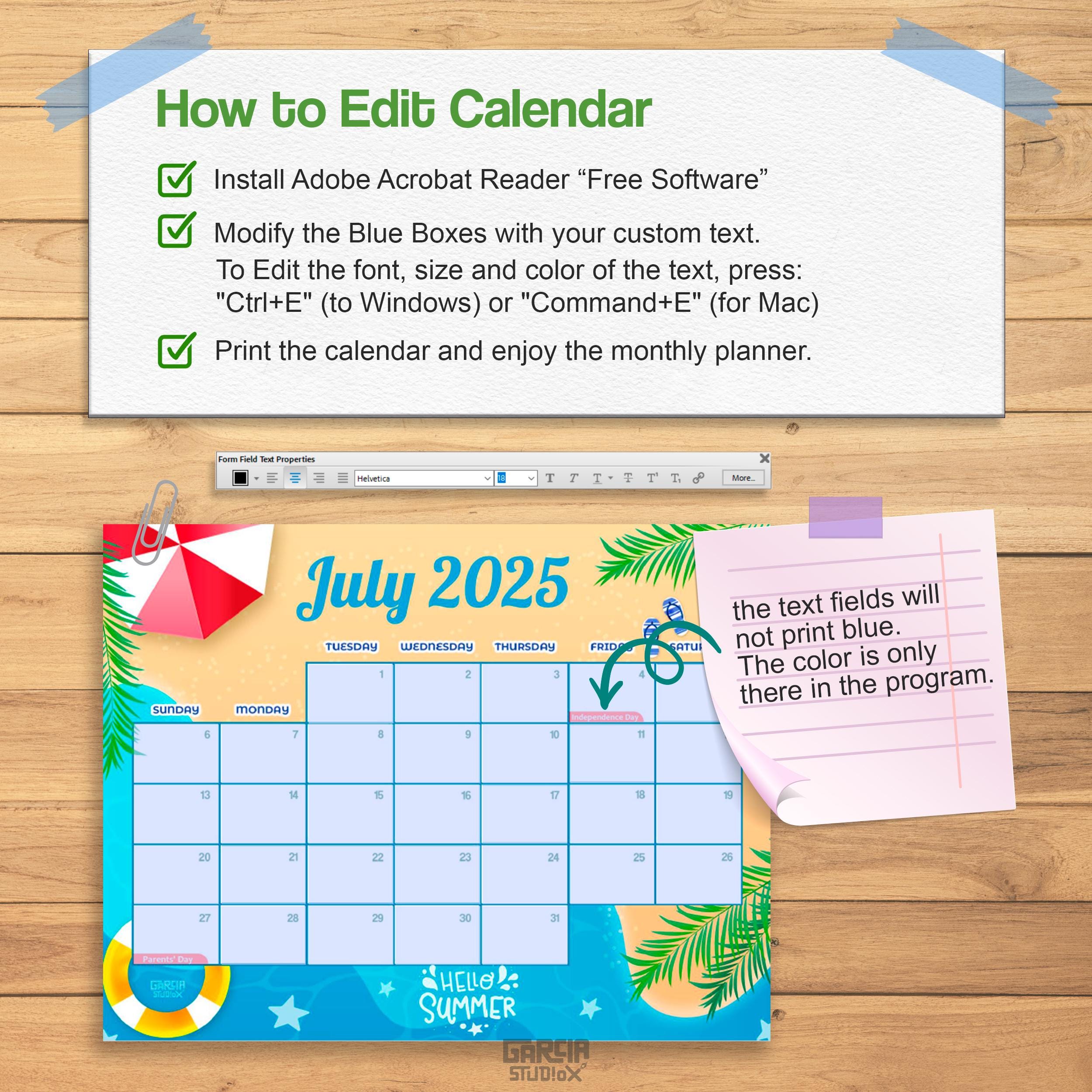 EDITABLE July 2025 Calendar, Fillable Beach Planner, Monthly Schedule ...