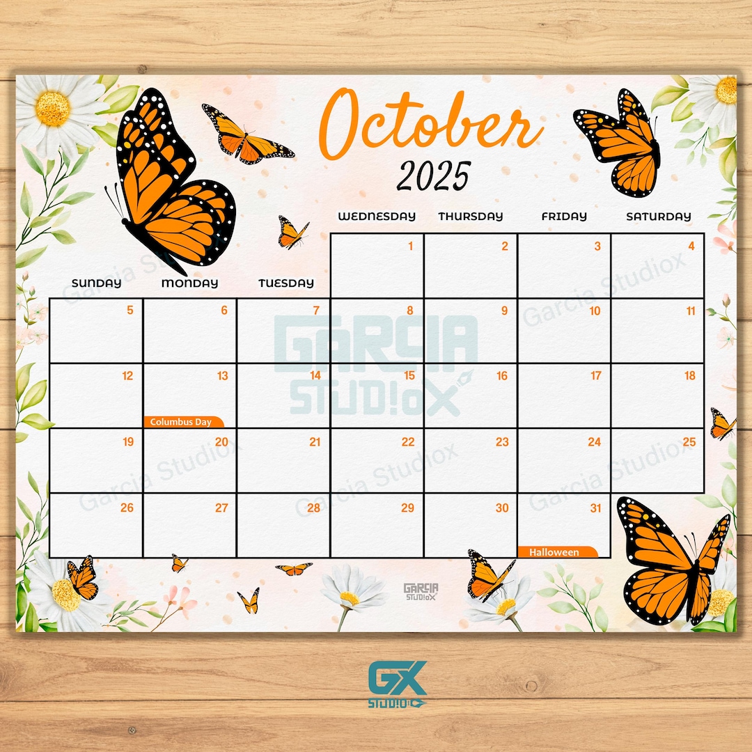 Editable October 2025 Calendar, Orange Butterfly & Floral Design ...