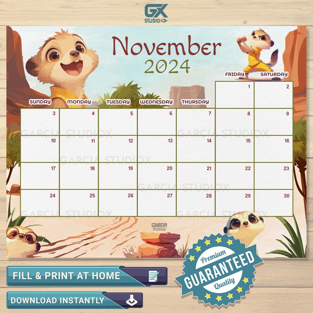 November 2024 Safari Themed Calendar, Editable Meerkat Design ...