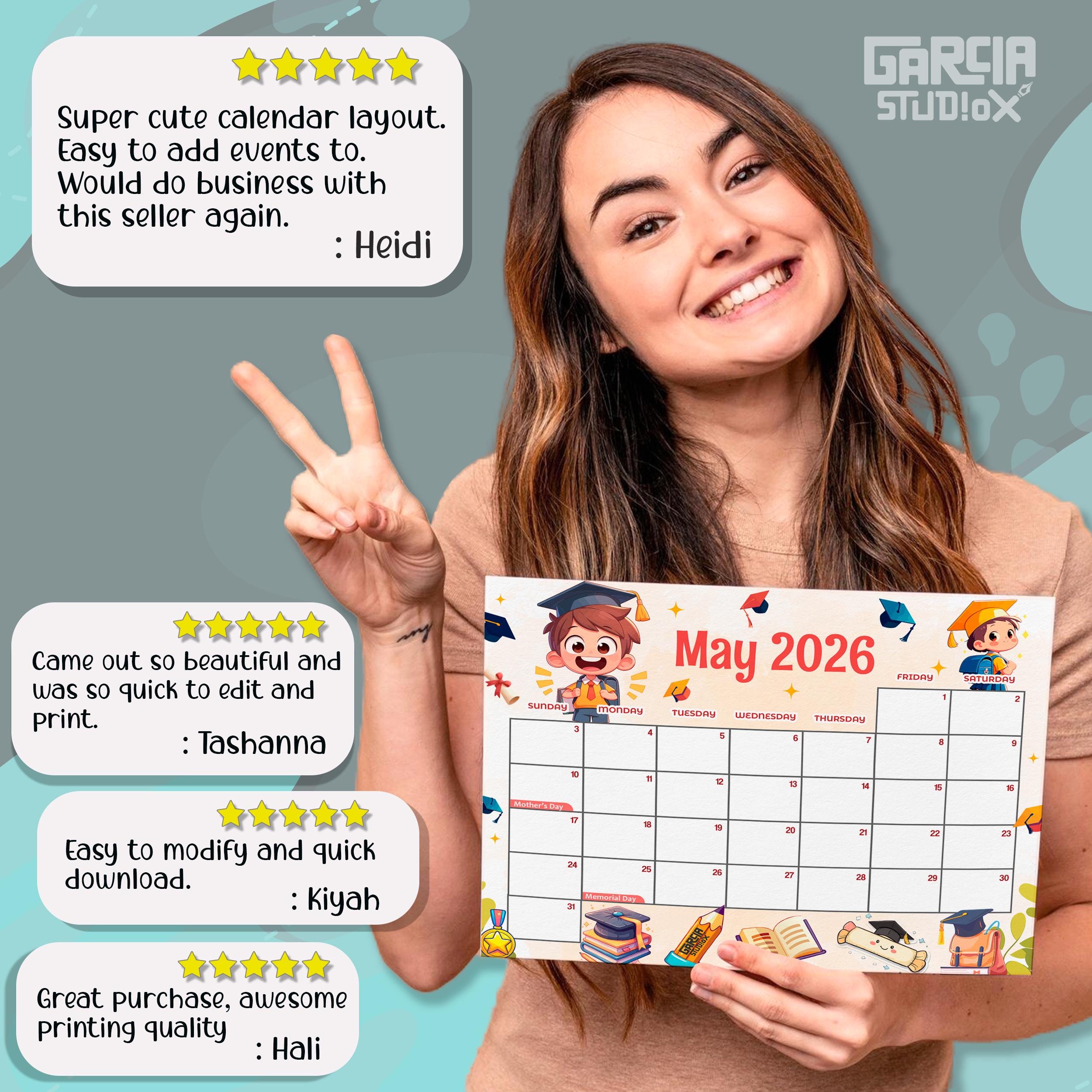 May 2026 Calendar for Kids: Graduation Theme, Editable School Planner ...